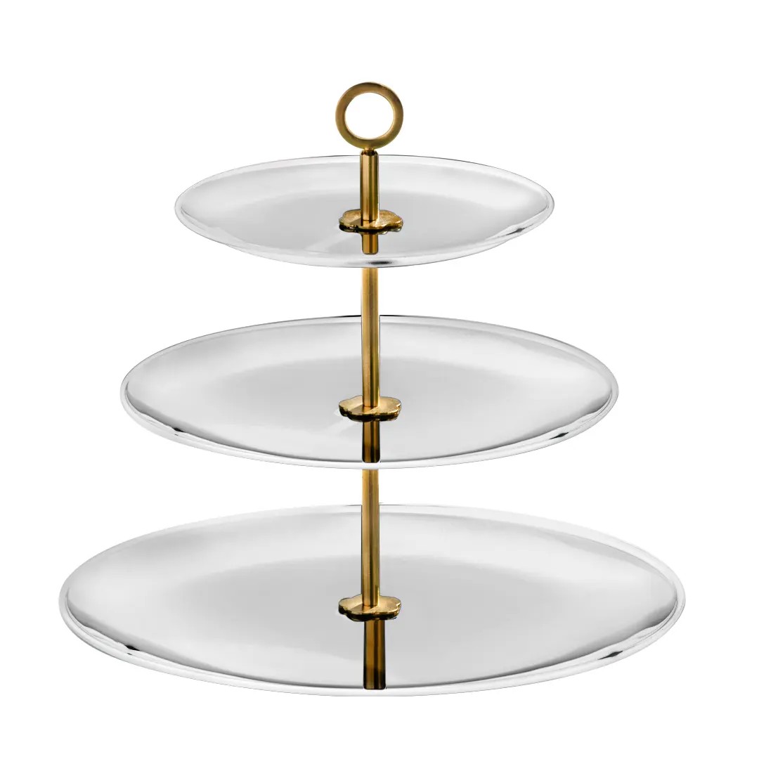 Designer Satin Gold and Stainless Steel Venezia Triple Serving Stand